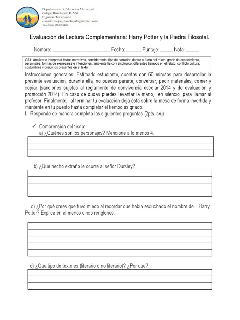 Evaluación de Harry Potter: Comprensión y Análisis | PDF | Harry Potter