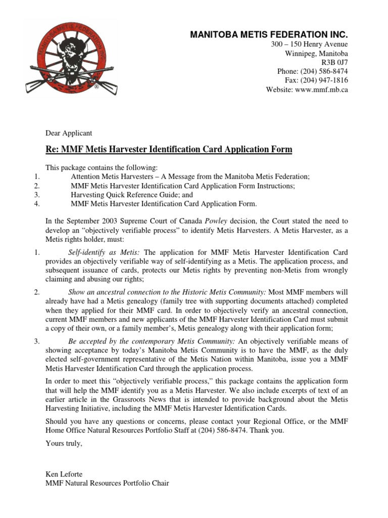 Metis Harvester Identification Card Application Form | Identity Document