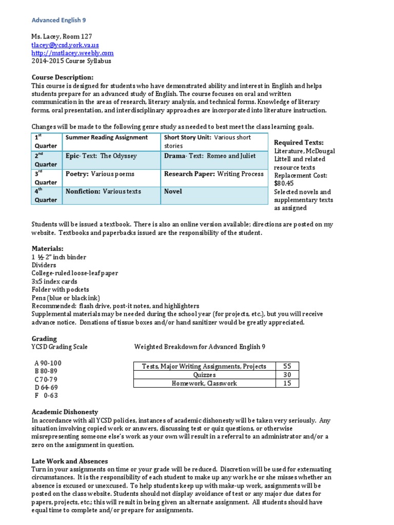 Advanced English 9 Lacey Syllabus | PDF | Homework | Communication