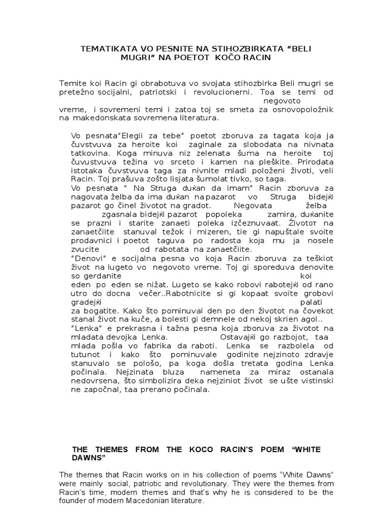 Analiza Na Pesnite Vo Beli Mugri | PDF