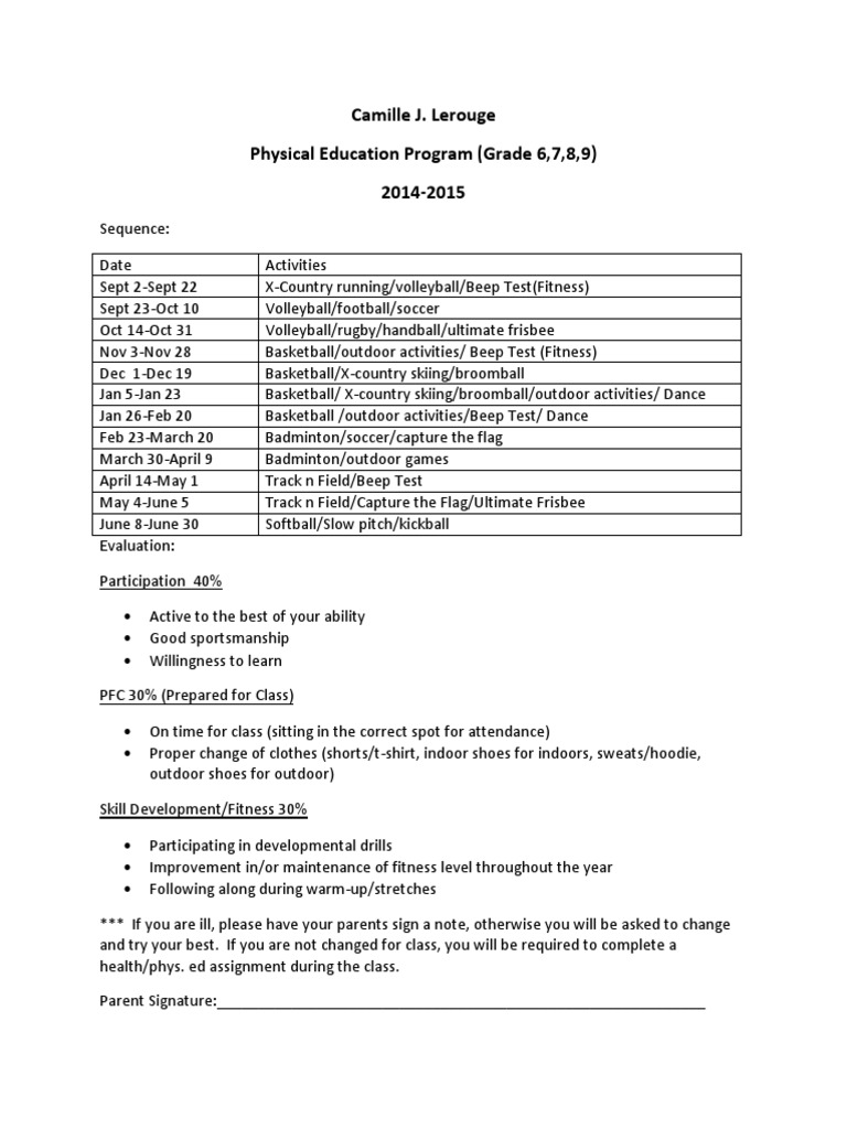 Grade 6-9 Physical Education Plan 2014-2015 | PDF | Sports & Recreation ...