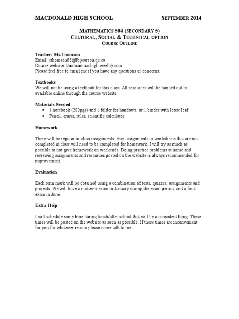 Secondary 5 Math Course Outline | PDF