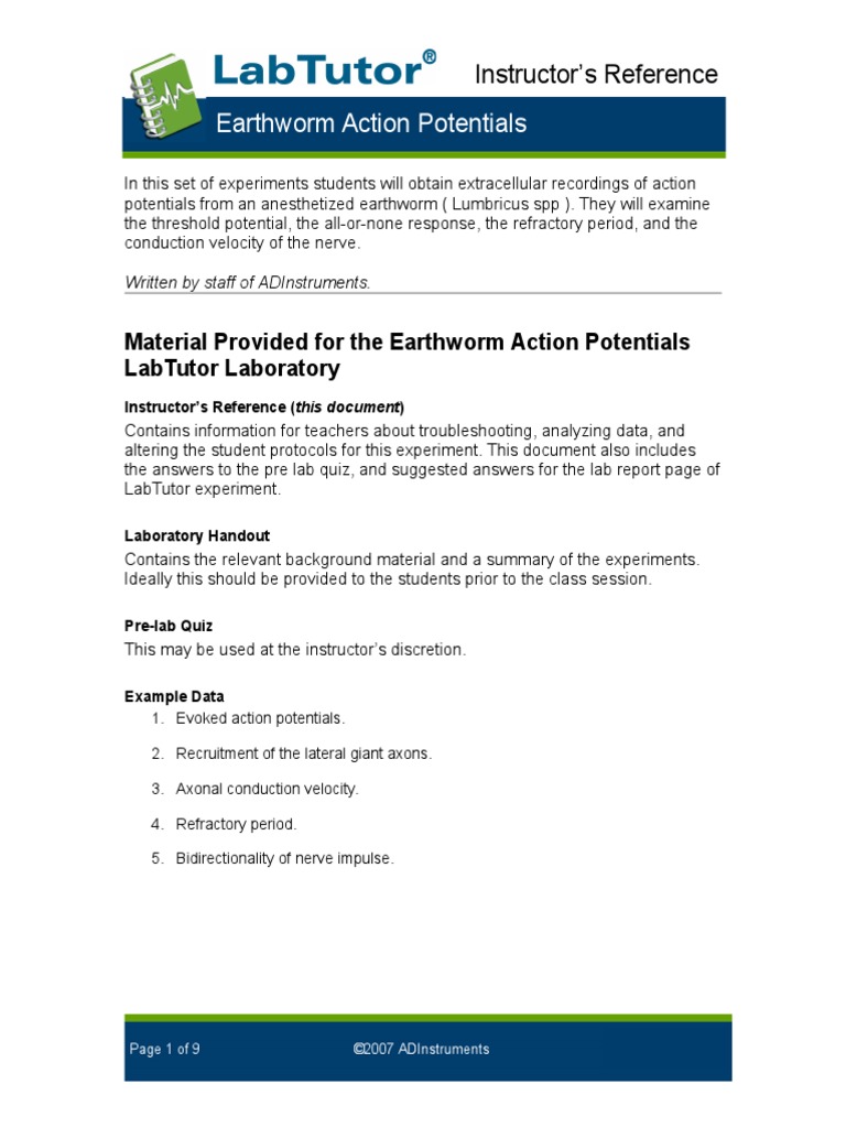 Earthworm Action Potentials Instructors Reference | PDF | Action ...