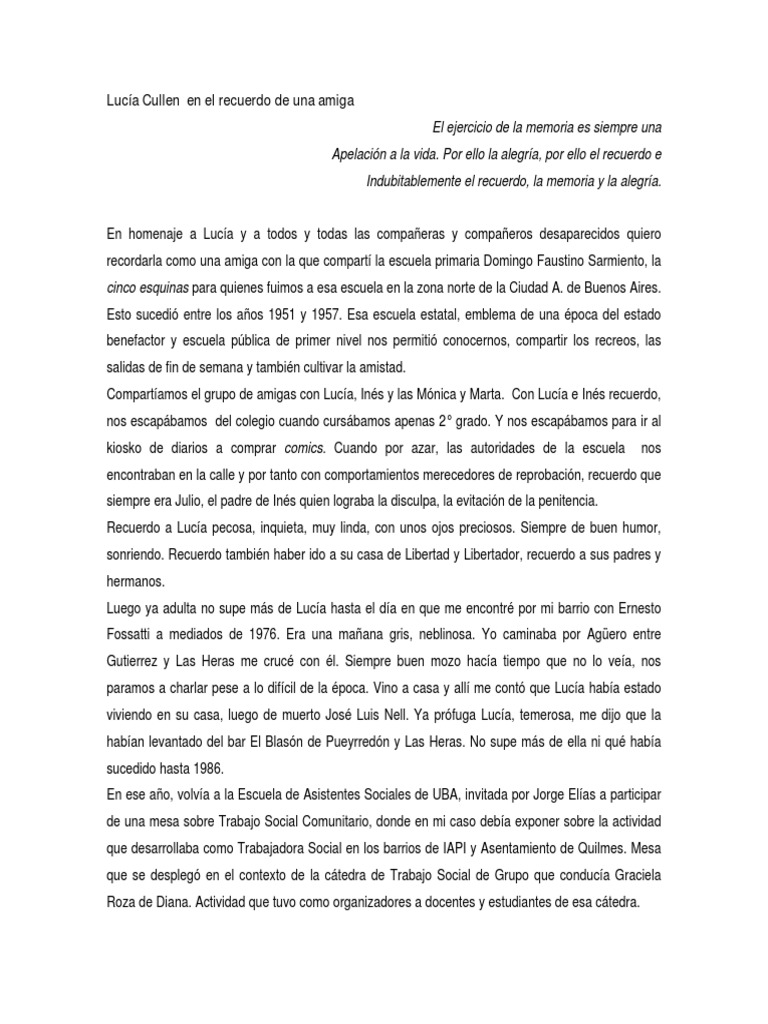 El Recuerdo Lucia Cullen | PDF | Trabajo Social | Agitación