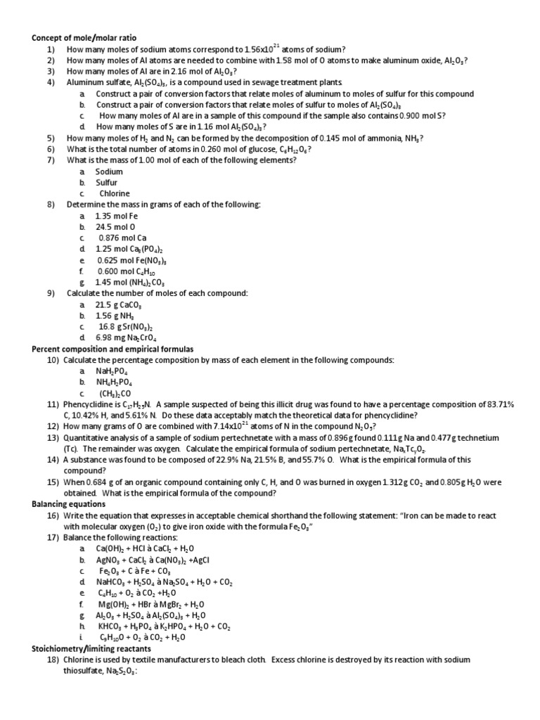 Stoichiometry Worksheet | PDF | Mole (Unit) | Chemical Elements