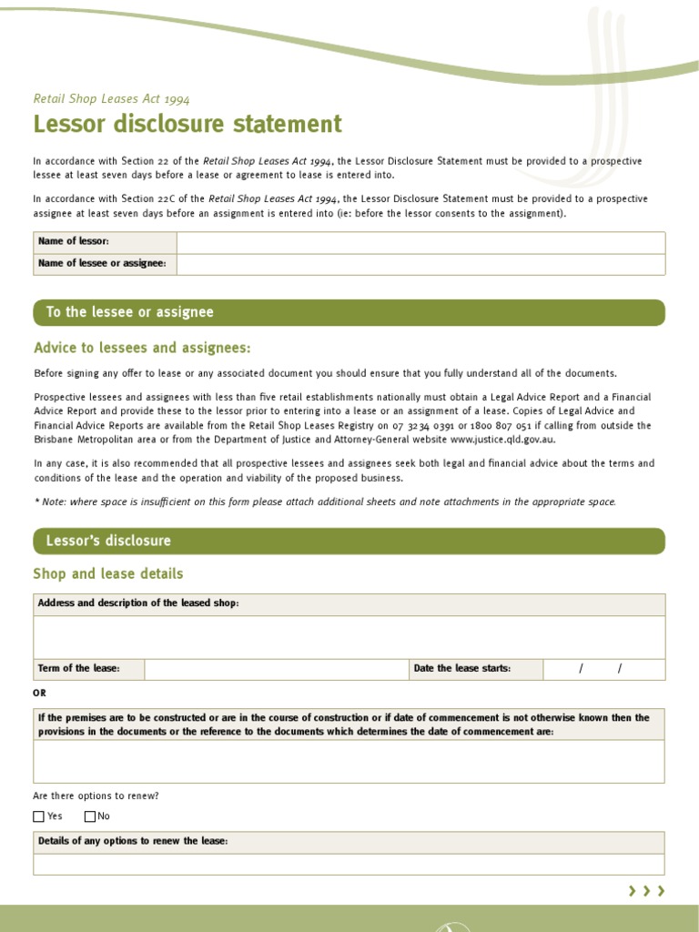 Lessor Disclosure Statement | Assignment (Law) | Lease