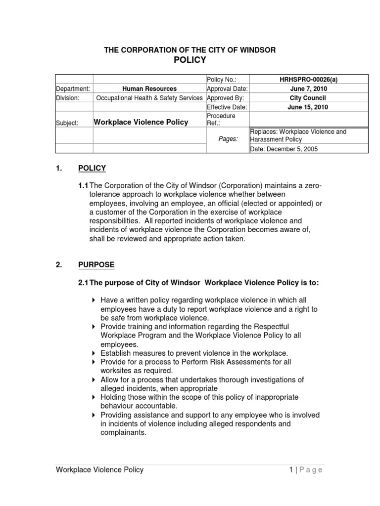 Workplace Violence Policy Overview | PDF | Occupational Safety And ...