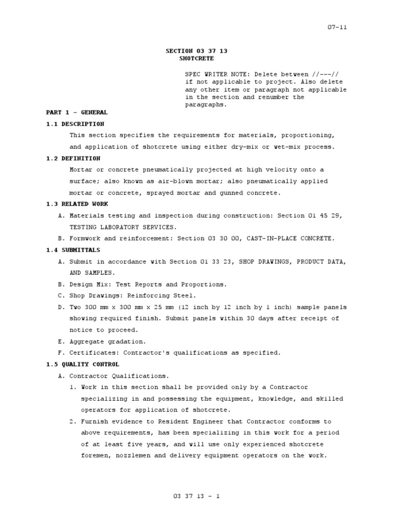 Shotcrete Specification for Wet-Mix Process | PDF | Architectural ...