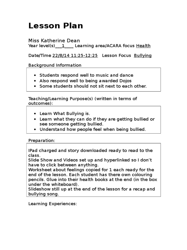 Lesson Plan Bullying | PDF | Teaching | Pedagogy