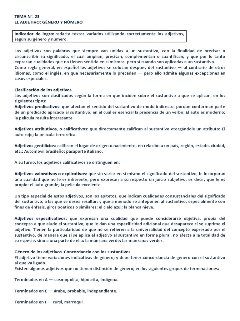 Género y Número de los Adjetivos | PDF | Adjetivo | Género gramatical
