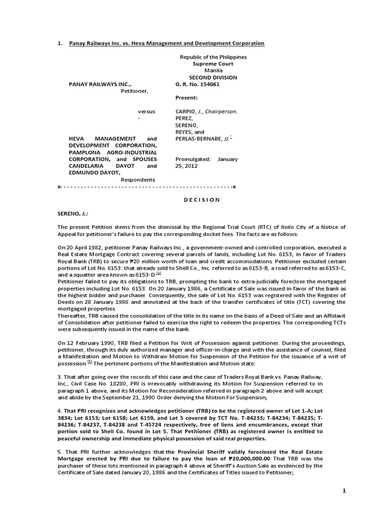 Panay Railways Inc. vs. Heva Management and Development Corporation | PDF