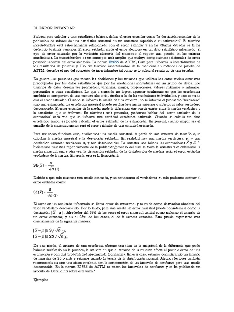 Error Estándar: Cálculo y Aplicaciones | PDF | Error estándar ...