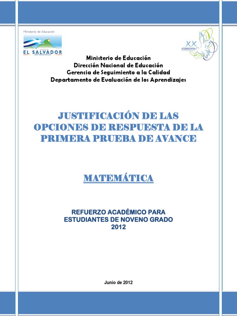 Justificación de Las Opciones de Respuesta de La Primera Prueba de Avance - Matematica 9º | PDF ...