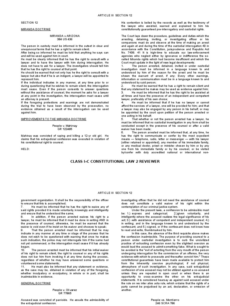 Article Iii Section 12 Section 12 Miranda Doctrine Miranda V Arizona ...