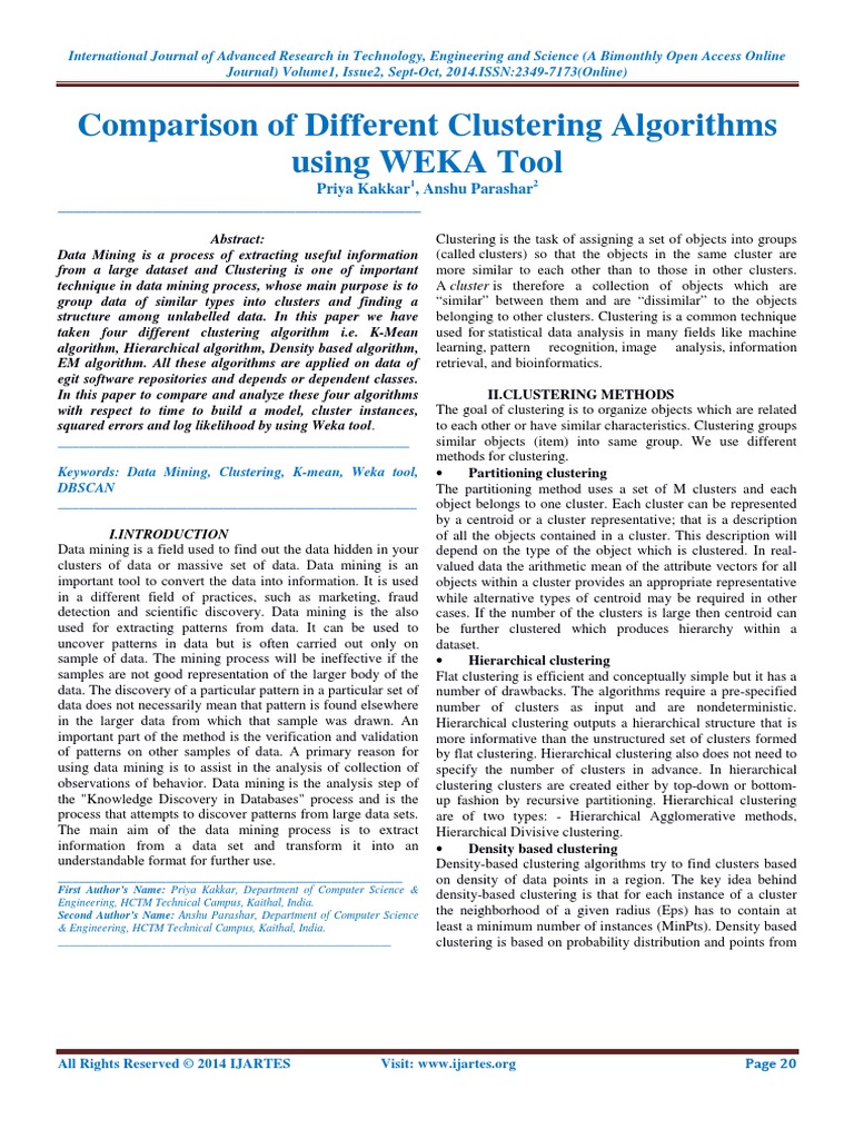 Comparison of Different Clustering Algorithms Using WEKA Tool | PDF | Cluster Analysis | Algorithms