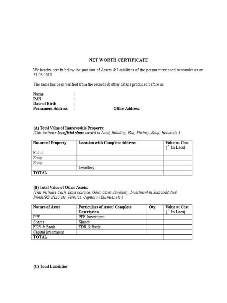 Individual Net Worth Certificate Format | PDF