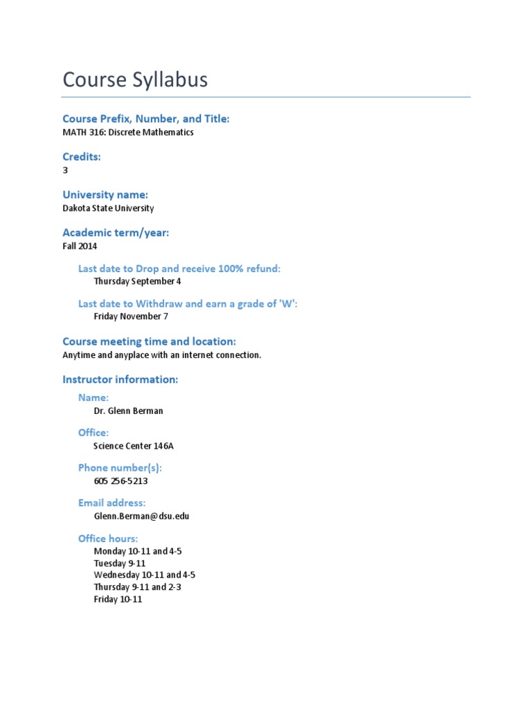 MATH 316: Discrete Math Syllabus | PDF | Discrete Mathematics | Test ...