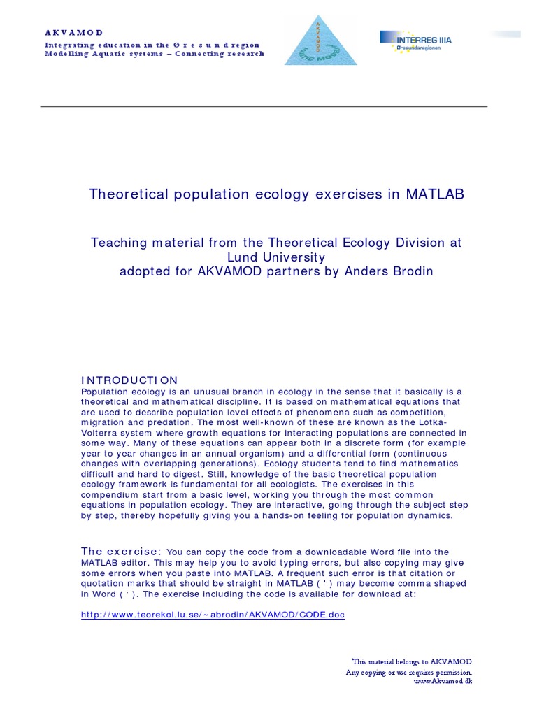 Theoretical Population Ecology Exercises in MATLAB: Exploring Models of ...