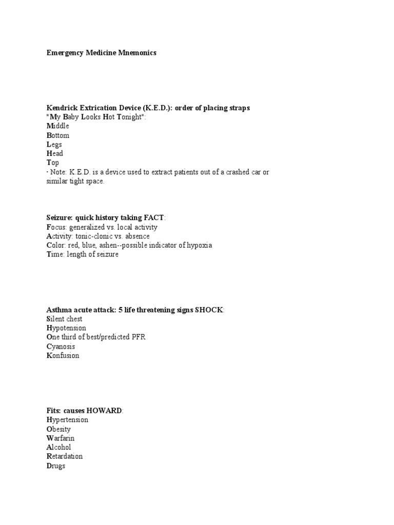 Emergency Medicine Mnemonics Guide | PDF | Heart | Stroke