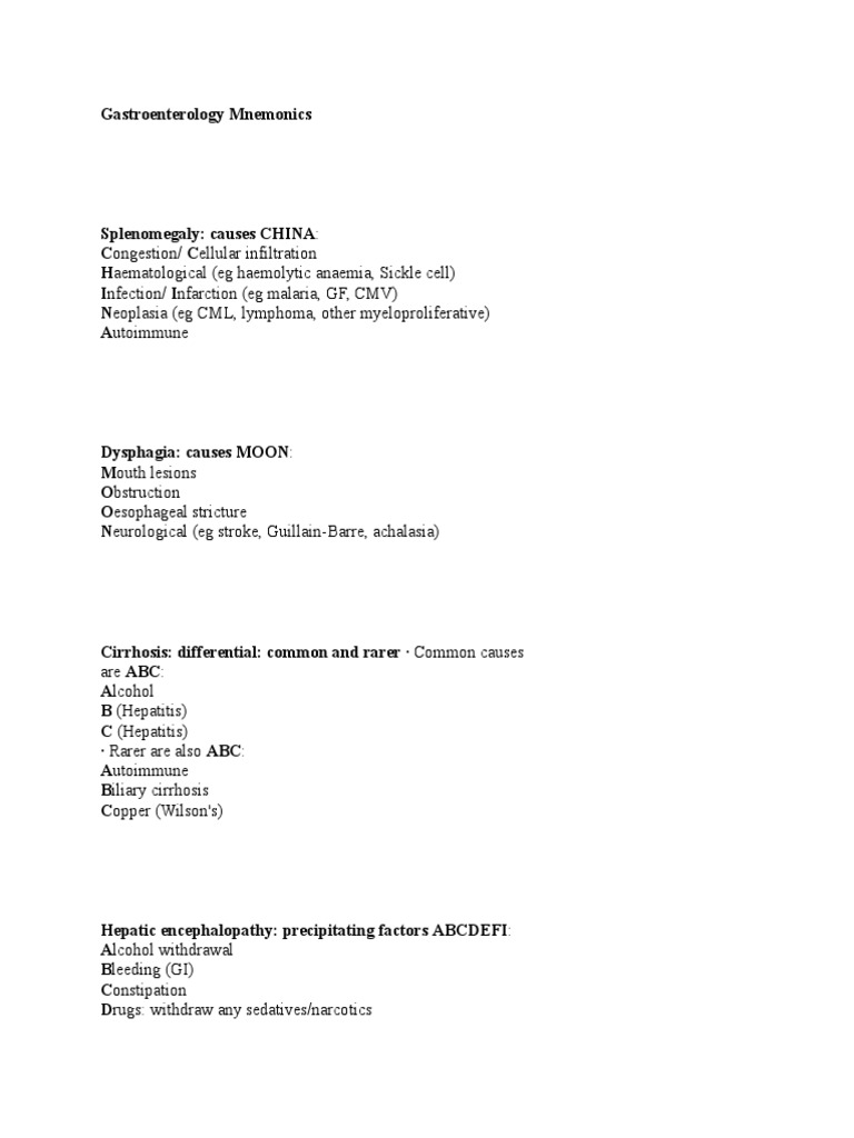 Gastroenterology Mnemonics | PDF | Cirrhosis | Hepatitis