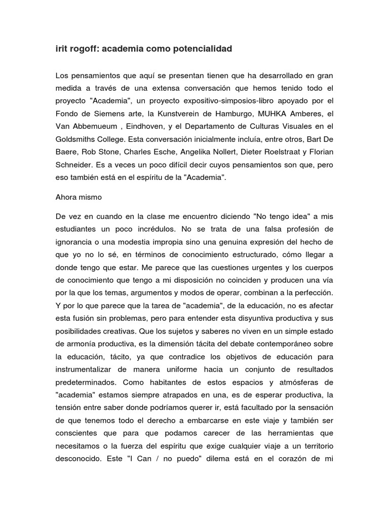 Irit Rogoff - Academy Como Potencialidad | PDF | Conocimiento | Museo