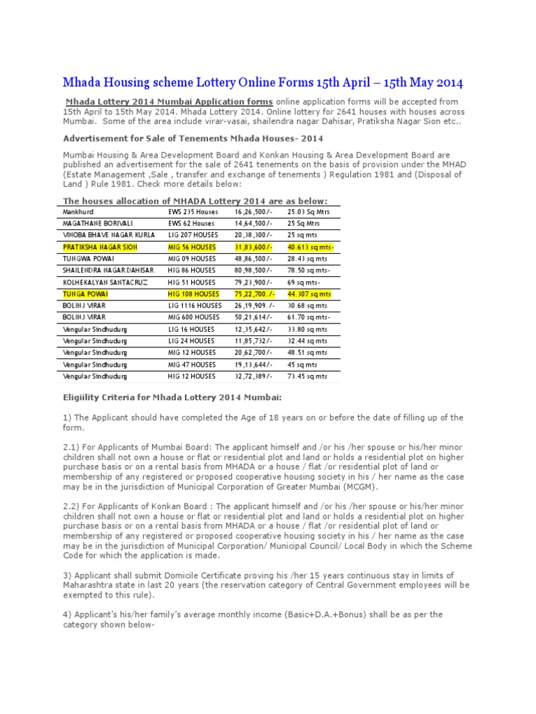Mhada Housing Scheme Lottery Online Forms 15th April | PDF | Payments ...