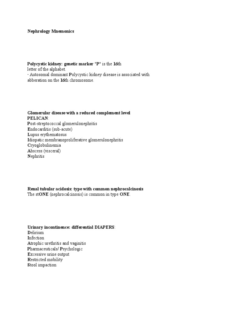 Nephrology Mnemonics | PDF | Kidney Disease | Kidney