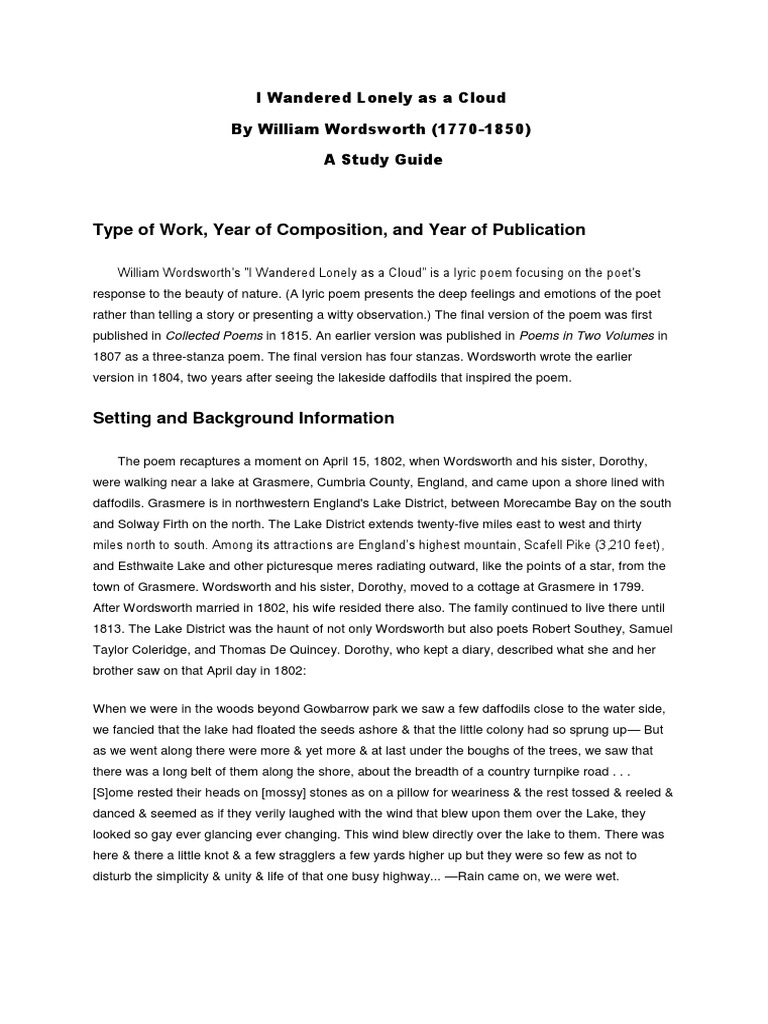I Wandered Lonely As A Cloud | PDF | William Wordsworth | Lake District