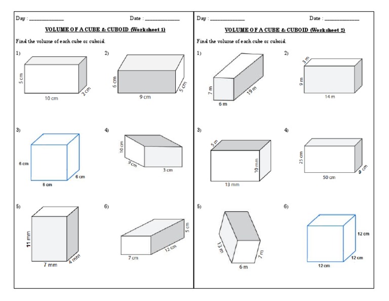 Volume of A Cube & Cuboid (Worksheet 1) Volume of A Cube & Cuboid ...