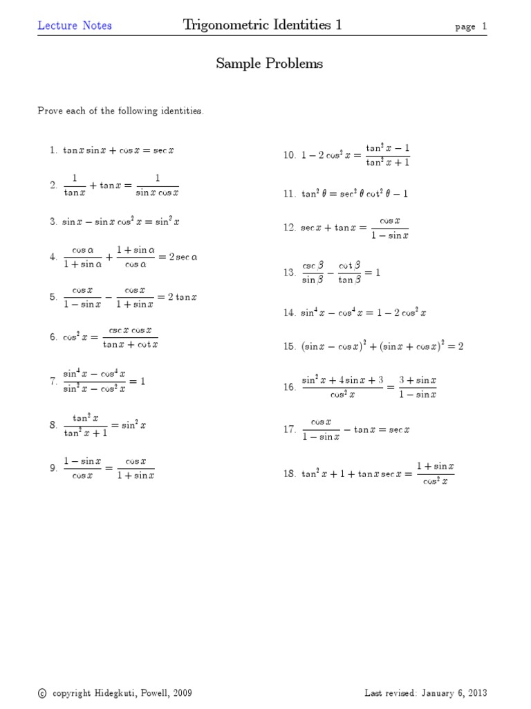 Trig Identities 1 | PDF | Trigonometric Functions | Algebra