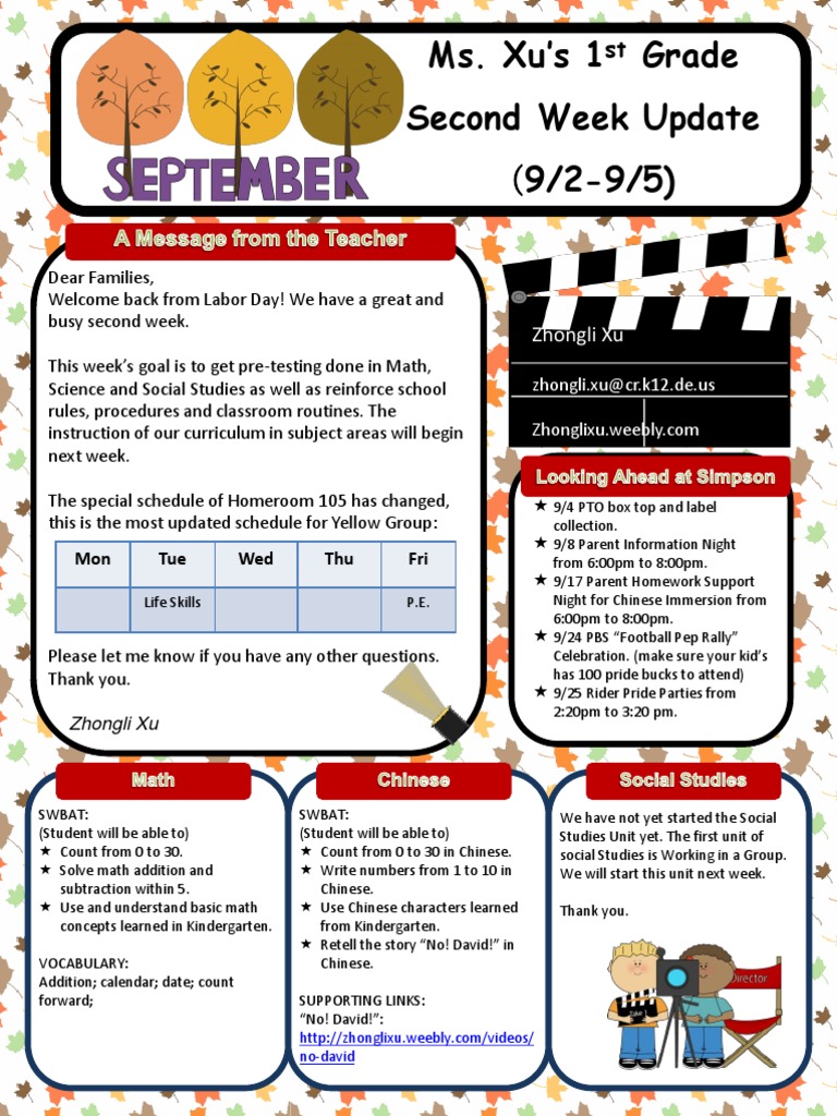 1st Grade Week 2 Update & Goals | PDF