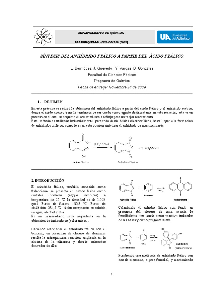 Síntesis Del Anhídrido Ftálico | PDF | Ácido carboxílico | Ácido