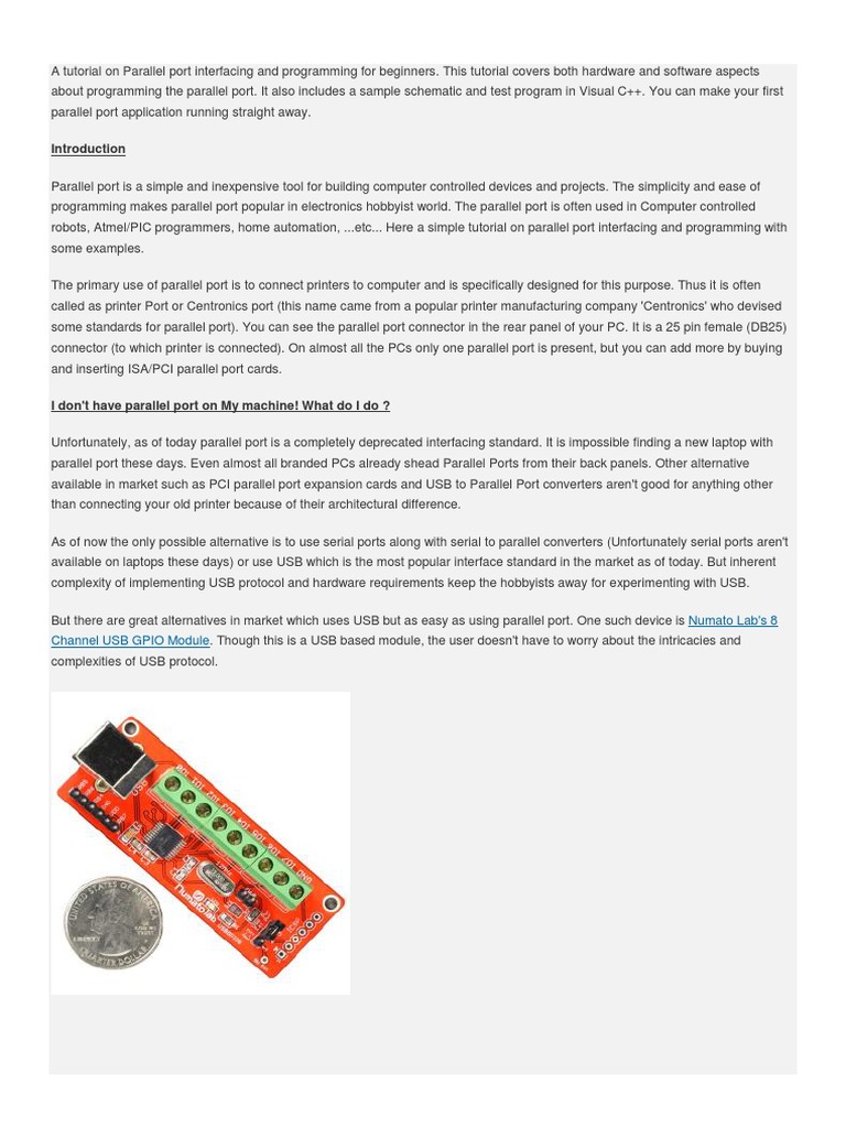 Tutorial On Parallel Port Interfacing | PDF | Usb | Computer Architecture Tutorial On Parallel Port Interfacing | PDF | Usb | Computer Architecture