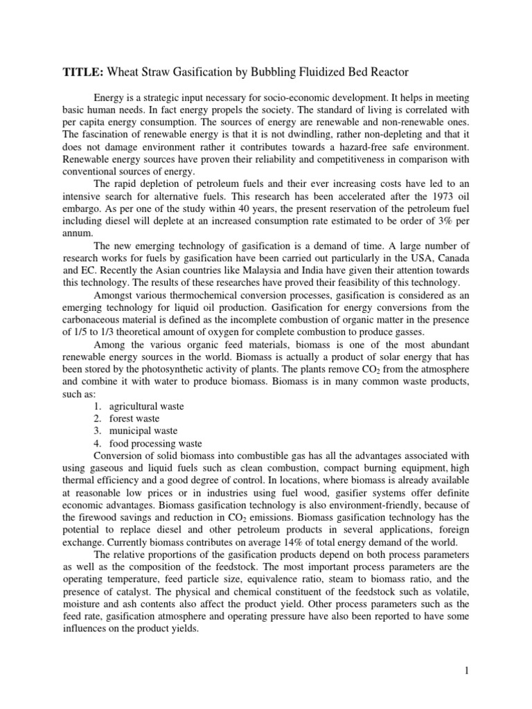 Wheat Straw Gasification by Bubbling Fluidized Bed Reactor | PDF ...