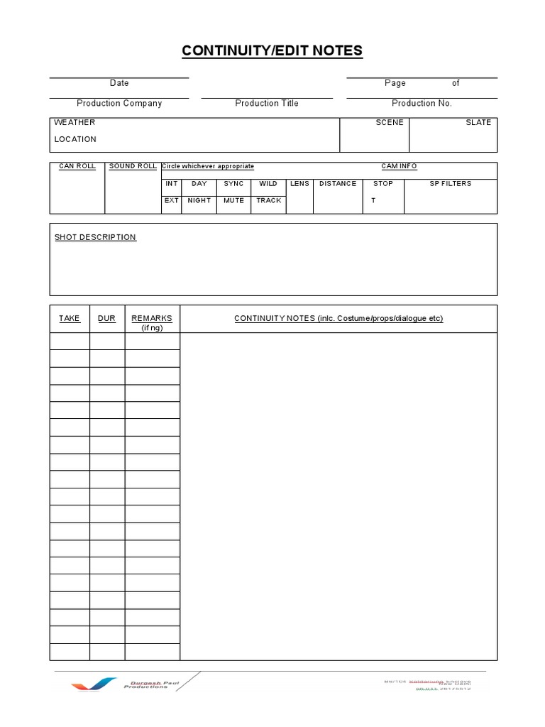 Continuity Log Sheet Pdf