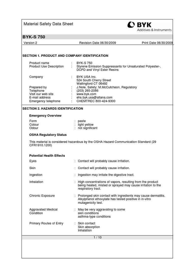 Byk S 750 2009 Pdf Dangerous Goods Toxicity
