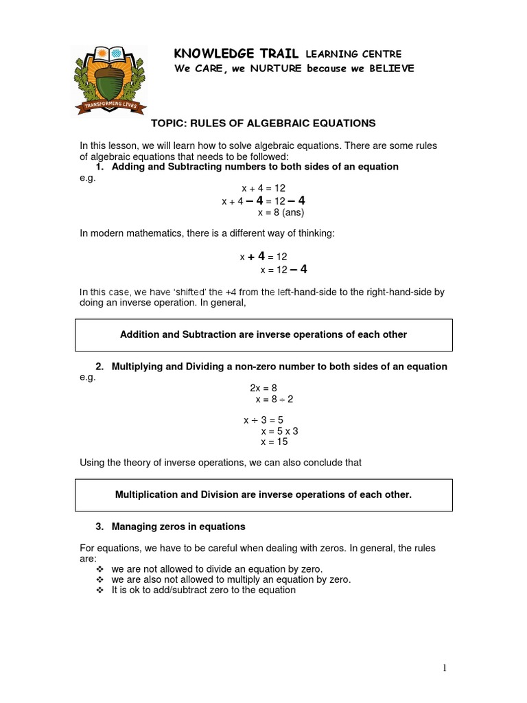 Lesson 1 (Rules of Algebraic Linear Equations) | Multiplication | Equations