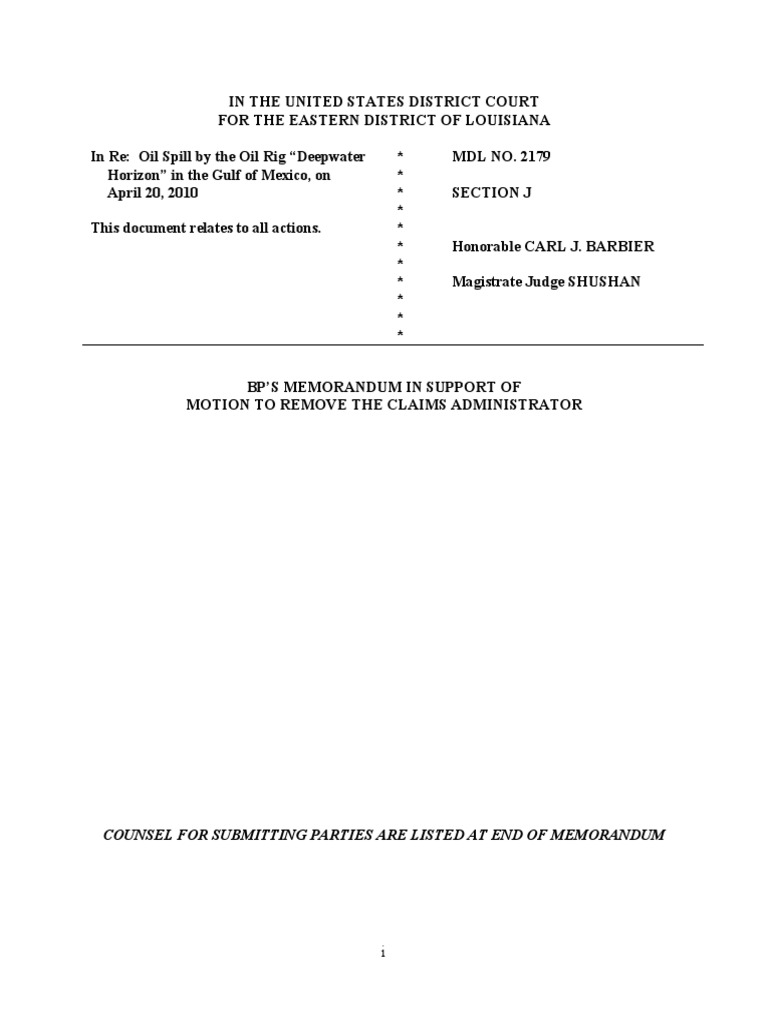 BP Claims Administrator Removal Motion | PDF | Virtue | Public Law