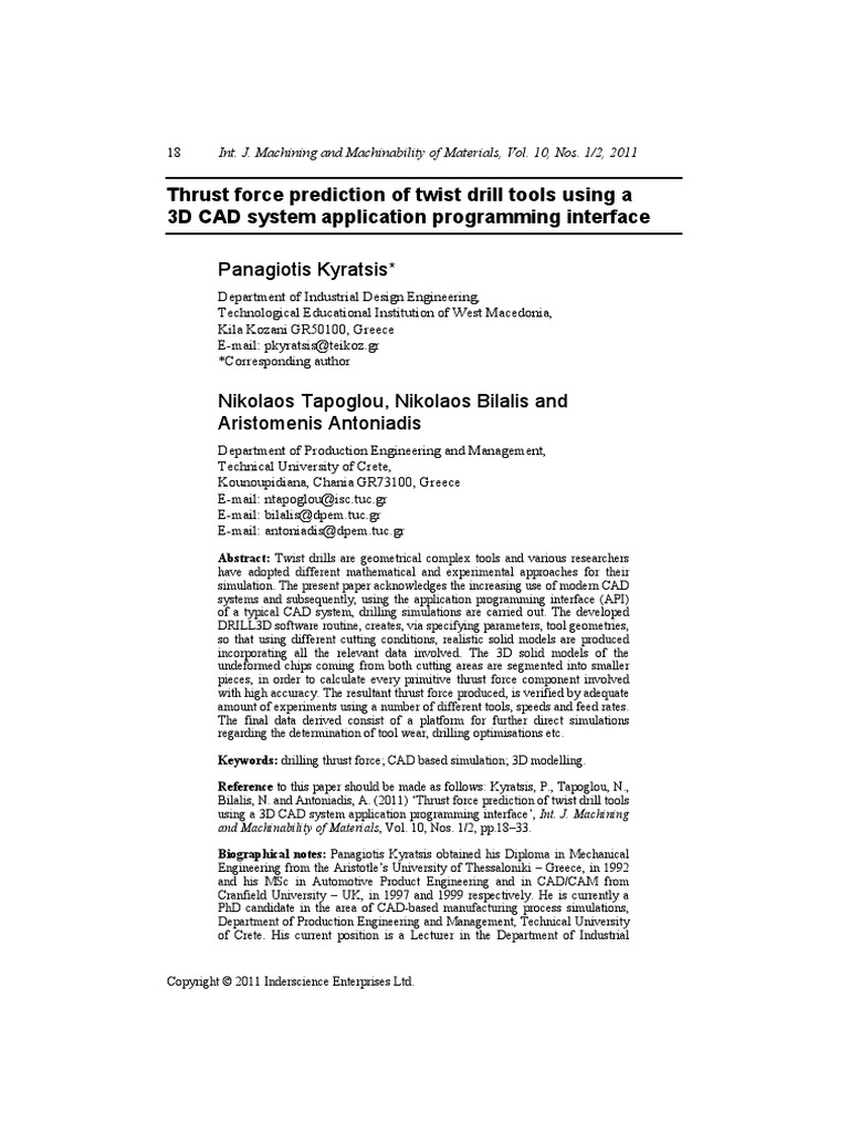 Thrust Force Prediction of Twist Drill Tools Using A 3D | PDF | Computer Aided Design | Drilling