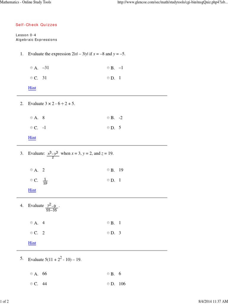 Self-Check Quizzes: Lesson 0-4 Algebraic Expressions | PDF