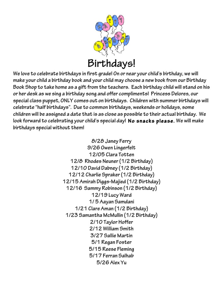 First Grade Birthday Celebration Guide | PDF | Language Arts ...