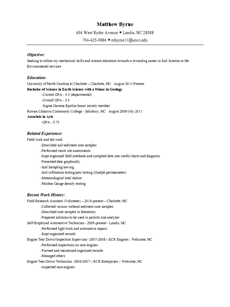 Soil Science Career Resume of Matthew Byrne | PDF | Technology ...