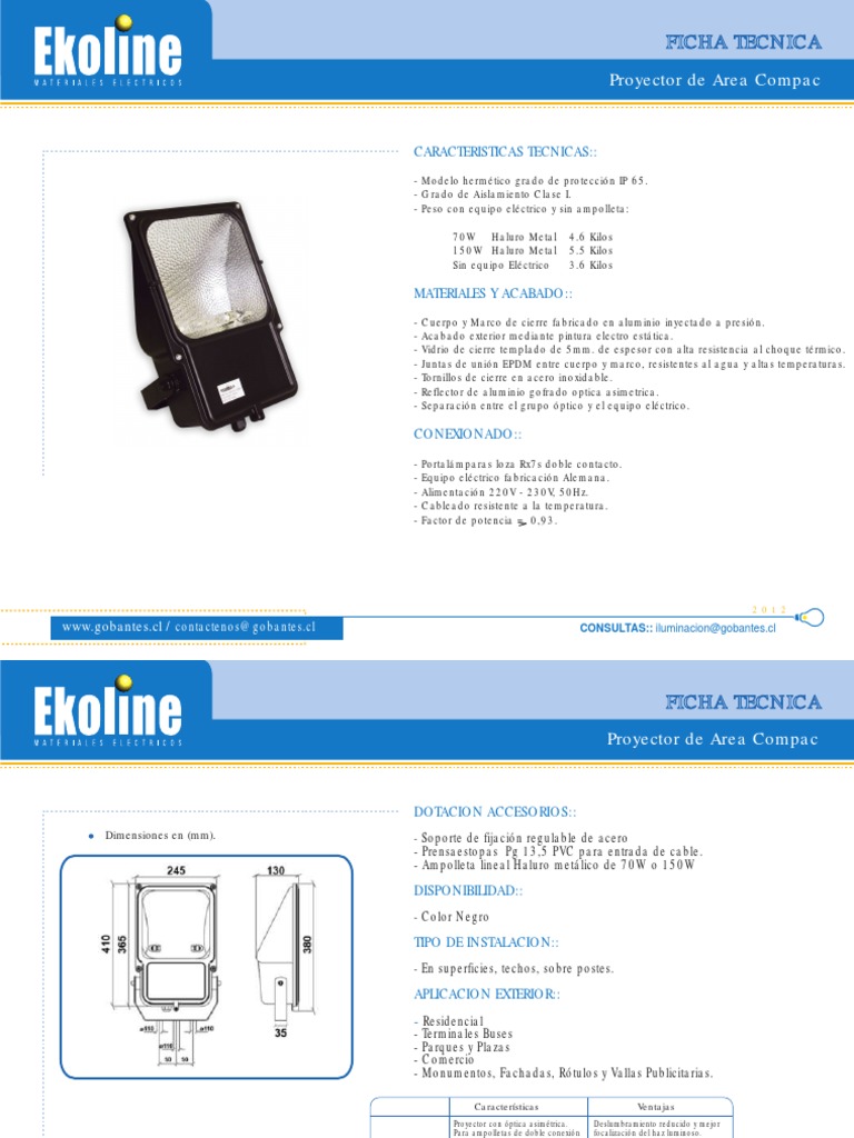 Ficha Tecnica Proyector de Area Compac Ekoline | PDF