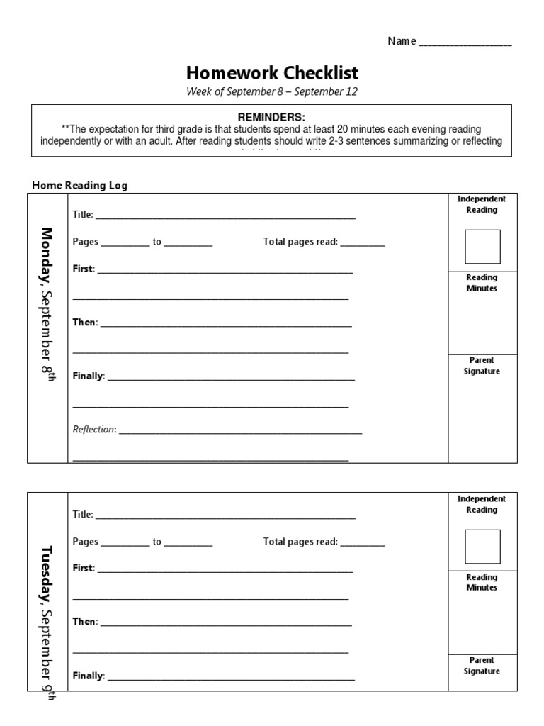 Third Grade Homework Reading Log | PDF