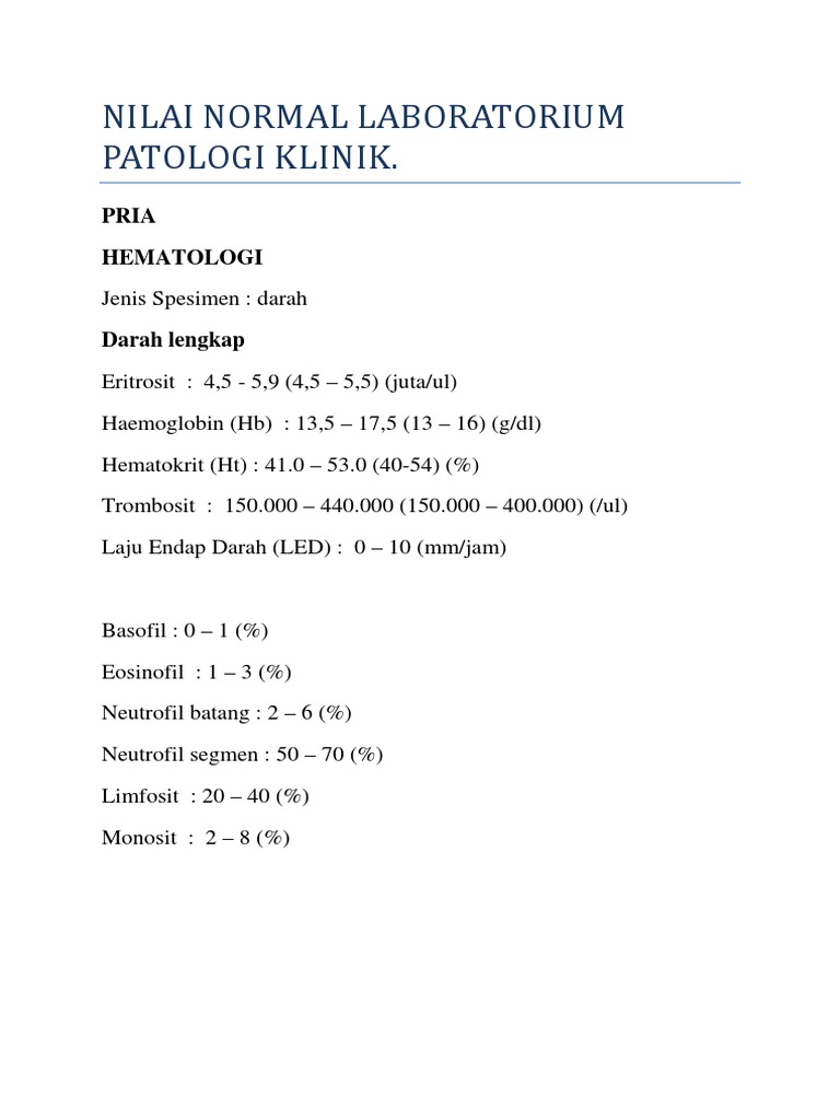 Nilai Normal Laboratorium Patologi Klinik | PDF | Biochemistry | Chemistry