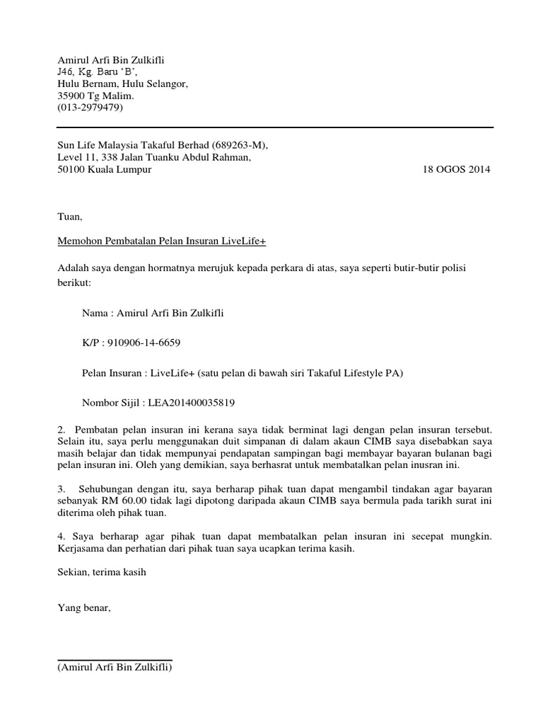 Surat Pembatalan Insuran | PDF