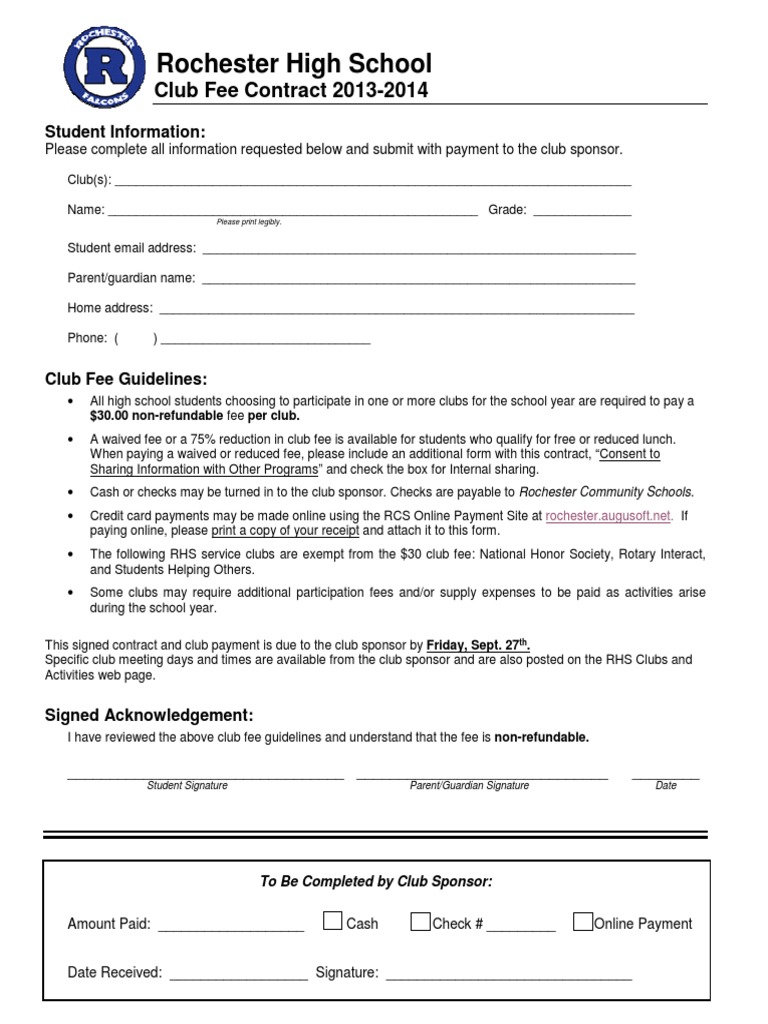 Club Fee Contract (Downloadable Here) | PDF | Fee | Payments