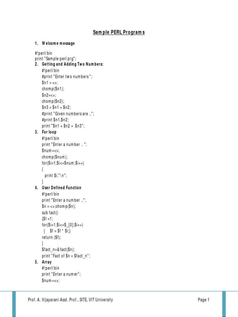 Sample Perl Programs 1 Welcome Message Pdf Computer Programming 1427