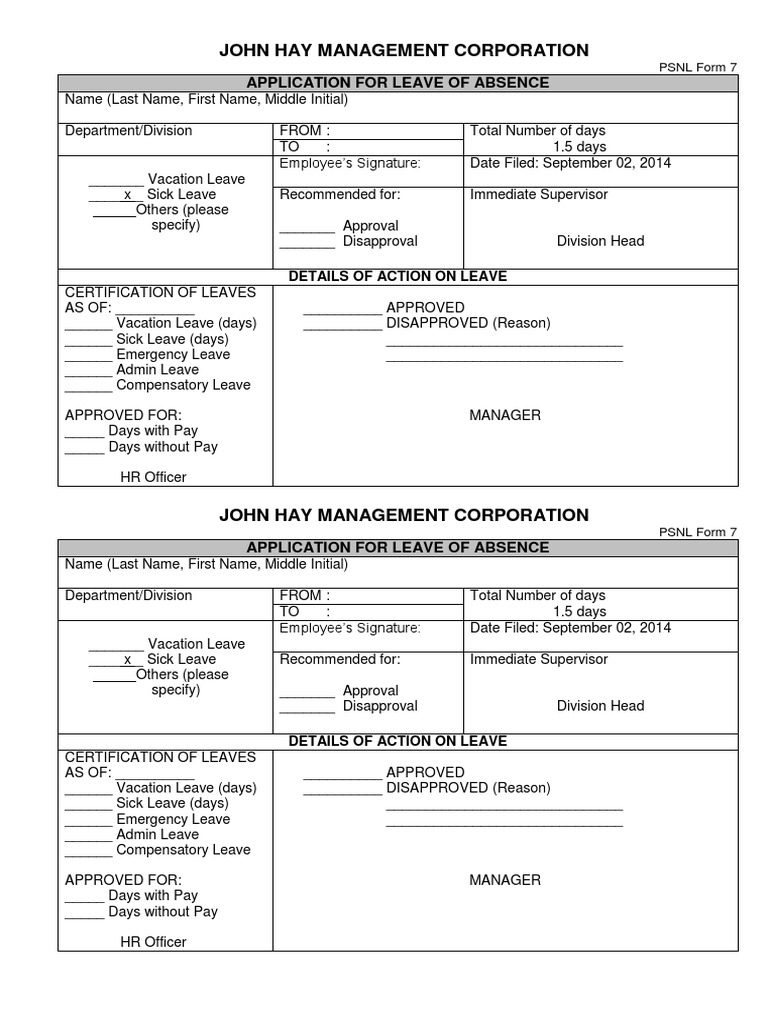 Sample Leave of Absence Form | PDF | Leave Of Absence | Sick Leave