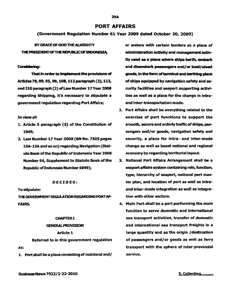PP No. 61 Tahun 2009 (Kepelabuhan) English Version | Download Free PDF | Port | Ferry